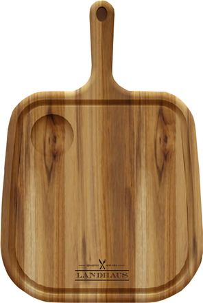 Tramontina Schneidebrett LANDHAUS, Burgerbrett mit Saftrille, Teakholz, FSC zertifiziert, 40 x 27 x 1,8 cm, Servierbrett, mit Dipmulde und Griff, klingenschonend