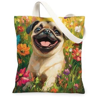 Generic Sac fourre-tout en toile motif carlin printanier pour le shopping, 33 x 38 cm, motif fleurs color&eacute;es, sac d&eacute;picerie r&eacute;utilisable pour femme, animal do