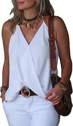 Onsoyours Gilet en Soie pour Femme en Satin D&eacute;bardeur T-Shirt Spaghetti Bretelles Camisole Col en V Maillot &agrave; sans Manches Top Haut Et&eacute; B Blanc M