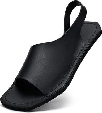 Generic Sandales plates en cuir v&eacute;ritable pour homme - Style classique - Bout ouvert - Antid&eacute;rapantes - Pour l&eacute;t&eacute; - L&eacute;g&egrave;res - Sandales de plage, Noir, 38 2/3 