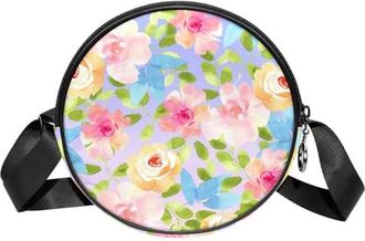 Generic Petit sac &agrave; bandouli&egrave;re circulaire pour femme, motif feuilles florales, sac &agrave; dos avec fermeture &eacute;clair, bretelles r&eacute;glables, sac &agrave; main rond d&eacute;contra