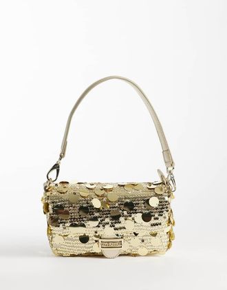 Valentino Schultertasche mit Pailletten und Disc-Detail in Gold