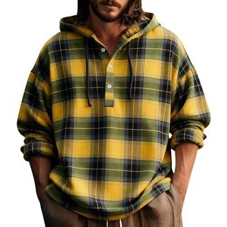 Generic Sweat &agrave; capuche &agrave; carreaux tendance pour homme - T-shirt d&eacute;contract&eacute; &agrave; manches longues avec poche poitrine - Chemise boutonn&eacute;e avec cordon de serrage 