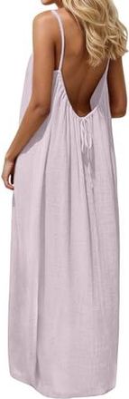 Generic Robe D&eacute;t&eacute; en Coton Lin pour Femmes Robes Longue sans Manches Dos Nu &agrave; Bretelles Spaghetti Robe de Plage D&eacute;contract&eacute;e &agrave; Col Rond &Eacute;l&eacute;gante Robes D&eacute;barde