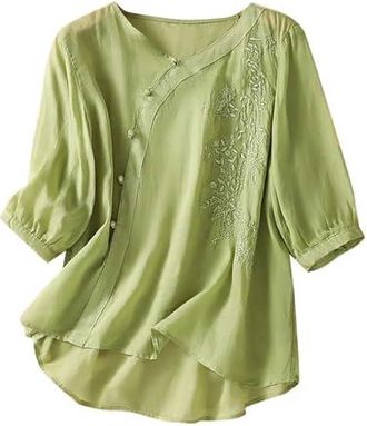 Generic Chemisiers en lin pour femme &agrave; manches 3/4 vintage avec broderie boutonn&eacute;e et manches courtes - Hauts d&eacute;contract&eacute;s pour femme - V&ecirc;tements boh&egrave;mes, Ver