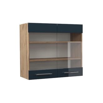 Vicco Meuble de Cuisine Haut vitr&eacute; Fame-Line, Bleu fonc&eacute; Brillant/Ch&ecirc;ne de Force dor&eacute;, 80 cm