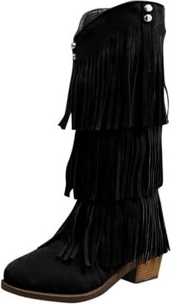 Generic Bottes de cowboy larges et d&eacute;contract&eacute;es pour femme - Avec franges - Talon &eacute;pais - &Eacute;l&eacute;gantes - Couleur unie - Confortables - &Agrave; enfiler - Pour les f&ecirc;te