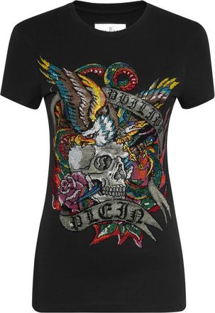 Philipp Plein Femme, Tops, Noir, Taille: 38 FR T-Shirt Col Rond Tattoo