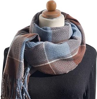 Generic Écharpe chaude en laine pour femme - Longue écharpe à carreaux doux pour lautomne et lhiver - Châle épais à franges - Écharpe en soie pour femme, bleu