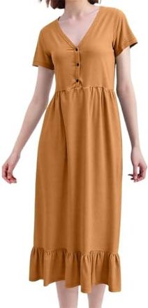 Generic Robe d&eacute;t&eacute; pour femme avec boutons de couleur unie, manches courtes, en coton et lin, patchwork pliss&eacute;, robe d&eacute;t&eacute;, robe boh&egrave;me, robe ample pour les vac