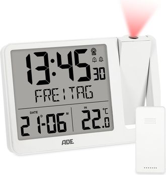 ADE Digitaler Funkwecker mit Projektion und Außensensor | Projektionswecker mit 2 Weckzeiten| Uhr mit Temperaturanzeige, Datum und Wochentag | inkl. Netzk