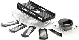 Mastrad Mastrad - Mandoline Multilames - Trancheuse S&eacute;curis&eacute;e pour Fruits & L&eacute;gumes - 3 Lames, 2 R&acirc;pes, 1 R&eacute;servoir & 1 Poussoir - Acier Inoxydable - Noire