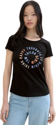 Tom Tailor Damen Basic T-Shirt mit Schriftzug, deep black, M