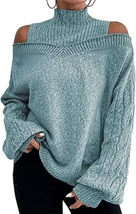 TOMWELL Femme Pull en Tricot Col Roulé Chandail Elégant Pull à Manches de Lanterne Pullover Casual Manches Longues Chaud Sweater Automne Hiver B Bleu Clair XX