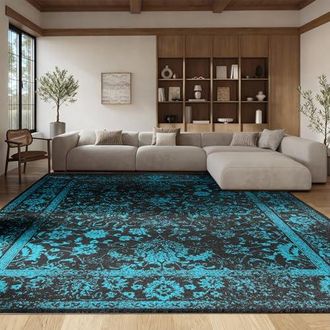 Safavieh Distressed Teppich f&uuml;r Wohnzimmer, Esszimmer, Schlafzimmer - Adirondack Collection, Kurzer Flor, Schwarz und Blaugr&uuml;n, 240 X 300 cm