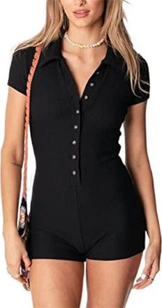 ORANDESIGNE Combinaison en Tricot Femme Manche Courte Bodysuit Sexy Col en V Combishort Serrée Une Pièce Moulante Barboteuse Vintage Y2k Streetwear R Noir L