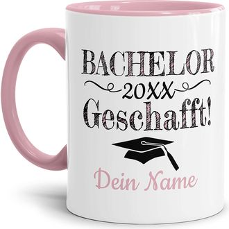 Tassendruck Tasse mir Spruch - Abschluss geschafft Bachlor- zum selbst Gestalten mit Wunschname und Abschlussjahr - Geschenk für den Abschluss zum Bachlor, Henkel