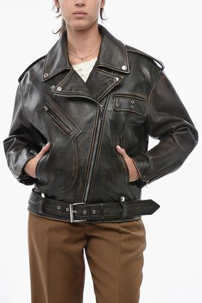Alexander McQueen Oversized Vintage-Effect Leather Biker Jacket Alexander McQueen
