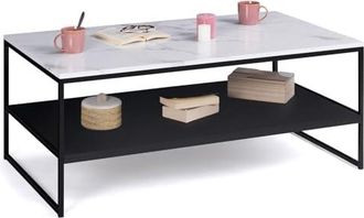 IDMarket Table Basse Alaska Double Plateau Effet marbre et Noir Pieds m&eacute;tal