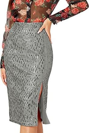 Generic Jupe à paillettes de couleur unie pour femme, taille haute, coupe ajustée, décontractée, demi-corps, jupe de lit, double coins fendus, gris, XXL