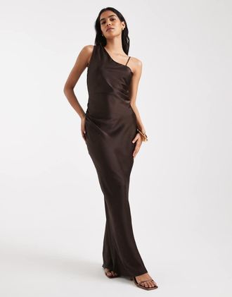 Vero Moda Robe longue en satin avec fronces et bretelles asymétriques - Chocolat-Brown