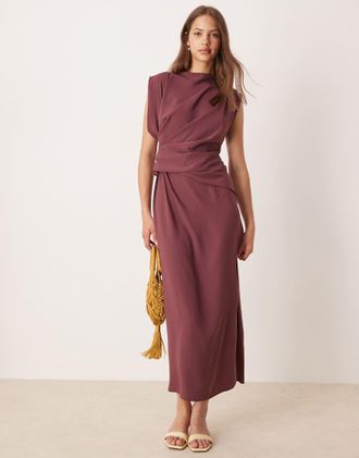 Asos Robe plissée mi-longue effet drapé à col montant - Cerise-Violet
