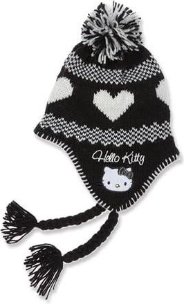 Hello Kitty Bonnet dhiver du Pérou en tricot pour femme avec cache-oreilles pompon noir et blanc coeurs chauds doublure intérieure polaire cadeau pour femme artic