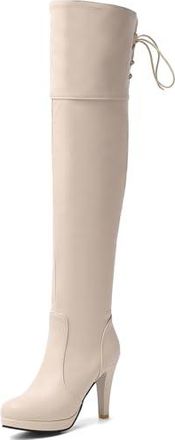 SJJH Bottes au-dessus du genou &agrave; larri&egrave;re r&eacute;glable | Bottes pour femme pour les jours froids et les occasions, talon de 10 cm, semelle plate, beige, 37 EU