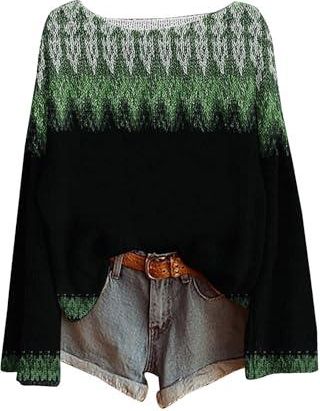 Generic Pull norvégien pour femme à manches longues col rond élégant haut vintage pull décontracté à manches longues imprimé chemisier confortable sweat-shirt