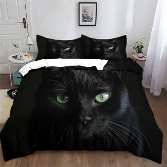 Generic Bettbezug 150 x 200 cm und 2-Kissenbezüge 80 x 80 cm, Tierisches Katzenporträt Muster Bettwäsche Set, Schwarz Weiche Mikrofaser Bettbezug für Kinder J