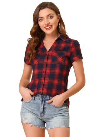 Allegra K Damen Kariertes Hemd Shirt Kariert Kurzarm Classic Oberteil mit Taschen Karo Bluse Dunkelblau Rot S