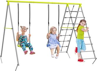 OUTSUNNY Kinderschaukel-Set Schaukelgerüst mit Doppelschaukel, Sprossenleiter, Kletternetz, Gartenschaukel aus Metall, Stahl, Schaukelgestell für Kinder 3-8 Ja