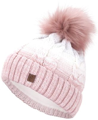 Faera Winterm&uuml;tze M&uuml;tze Damen warm gef&uuml;ttert mit Kunstfell Bommel-M&uuml;tze Fleecefutter Winter Strickm&uuml;tze Beanie, Farbe:Rose