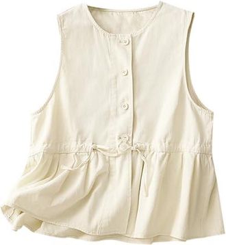 Generic 2026 Vestes pour femmes veste gilet coupe ample minceur et r&eacute;duction de l&acirc;ge col rond bord volants design Sense Top, blanc, XXL