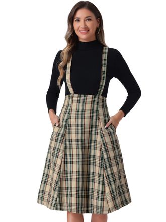 Allegra K Damen Midi Latzrock Karierter Hosentr&auml;gerrock Tartan Midirock Rock Khaki L