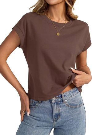Onsoyours Crop Tops Damen Sommer Kurzarm Tshirt Casual Einfarbig Rundhals Oberteil A Braun M