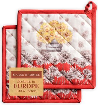 Maison d'Hermine Hot Pads Set mit 2 Topfhaltern aus 100% Baumwolle mit Schleife, (20cm x 20cm) Topflappen, hitzebeständig für Grillen, Kochen, Bagatelle - Erntedankfes