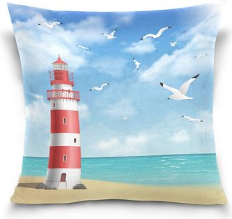 PUXUQU Kissenbezug 50x50 cm Jahrgang Leuchtturm Ozean Meer Dekorative quadratische Kissenbezüge Kissenhülle für Couch Sofa Schlafzimmer Auto
