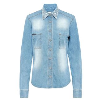 Philipp Plein Denim Hemd Langarm mit Kristallkragen - - Blouses & Shirts - Damen - Blau - XS