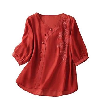 Generic Chemisiers en lin pour femme &agrave; manches 3/4 vintage avec broderie boutonn&eacute;e et manches courtes - Hauts d&eacute;contract&eacute;s pour femme - V&ecirc;tements boh&egrave;mes, Rou