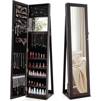 Costway Costway - Armoire &agrave; Bijoux sur Pieds, Miroir hd Pleine Longueur et Miroir de Maquillage Int&eacute;gr&eacute;, avec 91 Fentes pour Bagues 30 Crochets Collier, 100