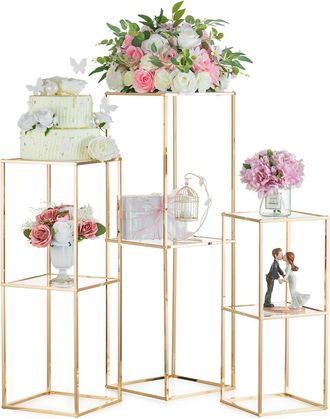 Nuptio Blumenständer Gold Metall Hochzeit: 3 Stück 60 & 80 & 100cm Hoch Vase mit 2-Schicht-acrylplatte Geometrische Blumenvase für Tafelaufsatz Geburtstag Pa