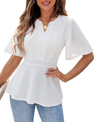 Grace Karin Chemisier dété pour femme - Col en V - Élégant - Manches - Tunique - Haut daffaires formel, Blanc., XL