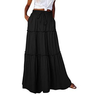 Generic Jupe Ethnique Femme - Femmes l&acirc;che Longue Taille Haute &eacute;lastique avec Poches et Ceinture Jupe Maxi Jupe pliss&eacute;e Jupe de Plage Jupe d&eacute;contract&eacute;e