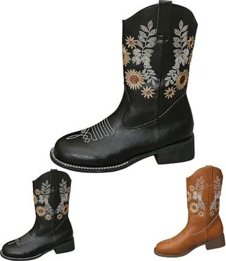 Generic Bottes de cowboy occidentales pour femme - Large mi-mollet - Talon bas - Bottes de cowgirl dautomne confortables et &eacute;l&eacute;gantes - Broderie tournesol - B