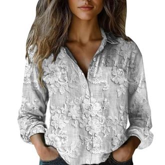 Generico Chemise Femme d&Eacute;t&eacute; D&eacute;contract&eacute; &agrave; Manches Longues Blouse Coton Et Lin Curvy Respirant Chemisier Col en V L&eacute;ger T Shirt Vintage Fantaisie avec Boutons C