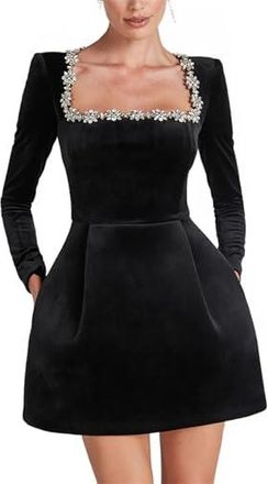 Generic Robe de mari&eacute;e courte en velours et cristal &agrave; col carr&eacute; pour mari&eacute;e, robe de mari&eacute;e courte en velours &agrave; manches longues avec poches, robe en cristal, 