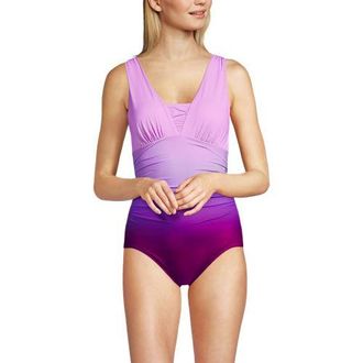 Lands End Shape-Badeanzug mit V-Ausschnitt SLENDER in Lang-Gr&ouml;&szlig;e, Damen, Gr&ouml;&szlig;e:46 regular, Lila, Nylon-Mischung, by Lands End