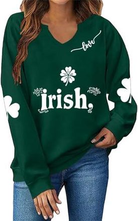 Generic Sweat-shirt de la Saint-Patrick pour femme - Imprim&eacute; tr&egrave;fle irlandais - Fantaisie - Grande taille - Haut &agrave; manches longues - Col en V - Tr&egrave;fle irlanda