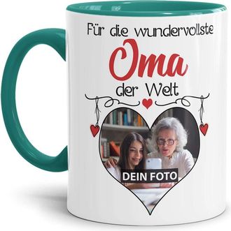 Tassendruck Tasse mit Spruch - Wundervollste Oma der Welt - personalisiert mit Wunschfoto - Geschenkidee für die beste Oma - Innen & Henkel Türkis, 300 ml